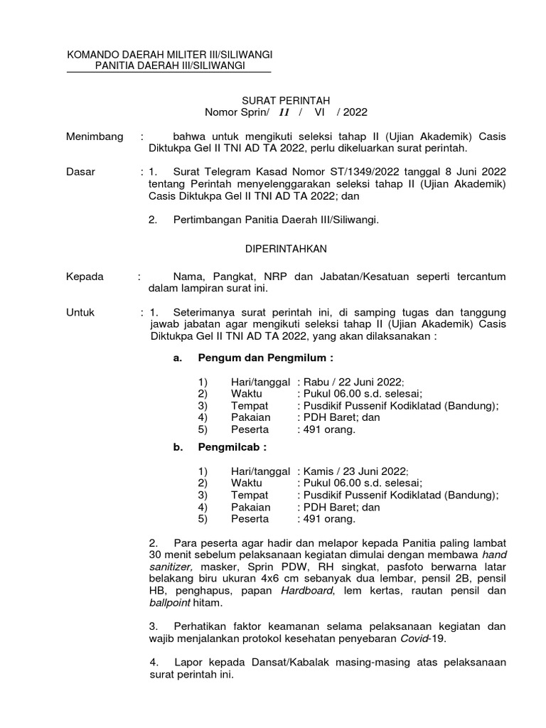 Sprin Seleksi Akademik Diktukpa Gel II TNI AD TA 2022 | PDF