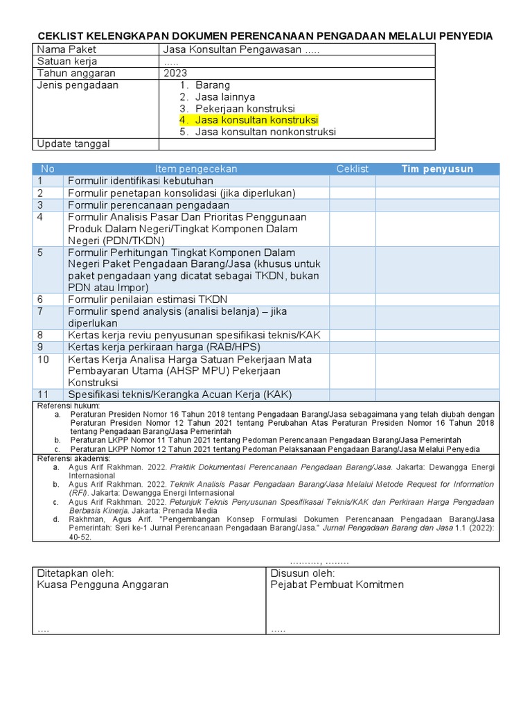 CEKLIST KELENGKAPAN DOKUMEN PERENCANAAN PENGADAAN | PDF