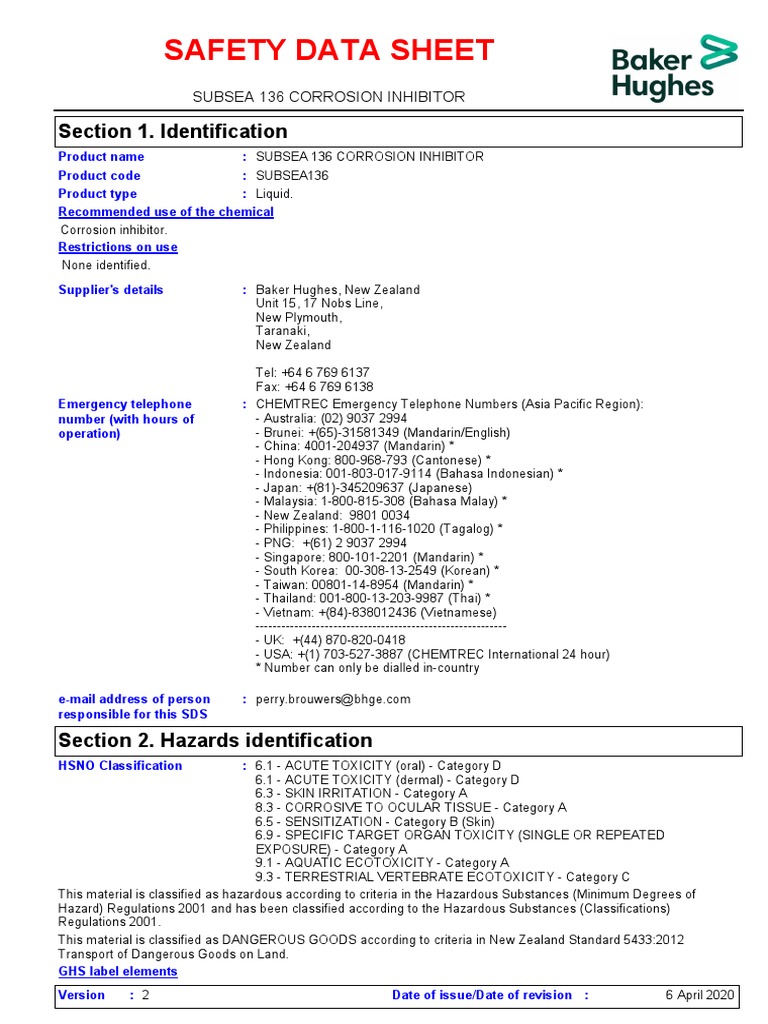 Baker Hughes Subsea 136 SDS | PDF | Toxicity | Dangerous Goods
