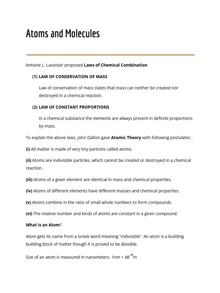 Atoms Molecules Guide Laws Chemical Combination | PDF | Molecules | Ion