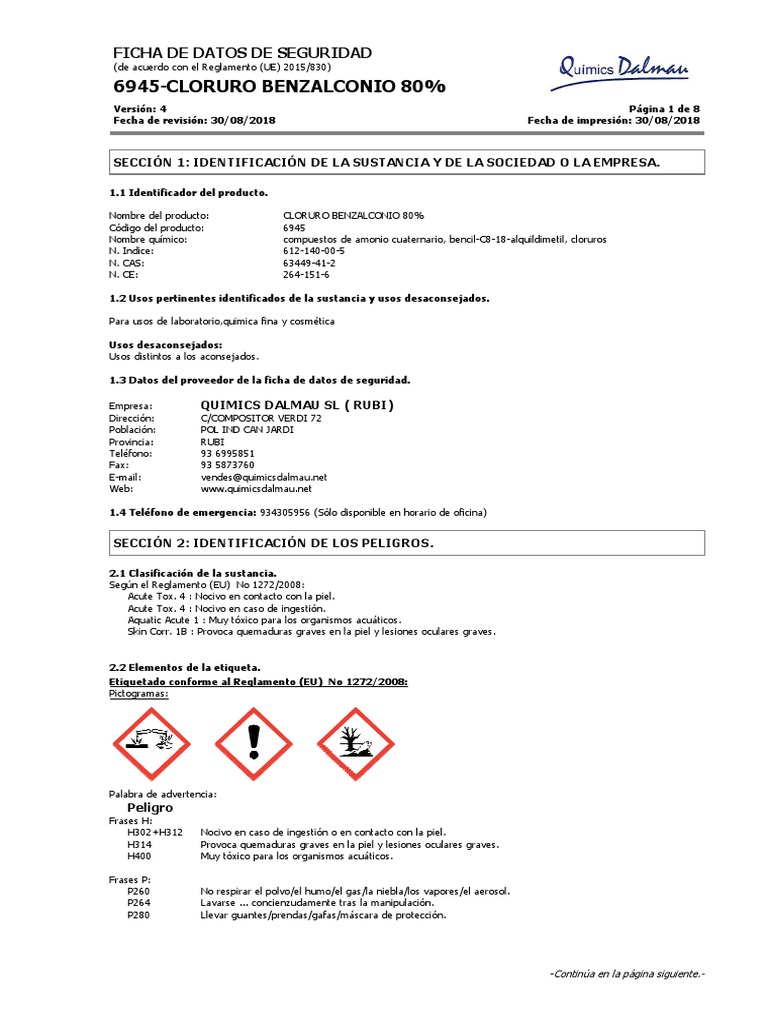 Cloruro Benzalconio 80 FDS QD 2018 | PDF | Agua | Contaminación