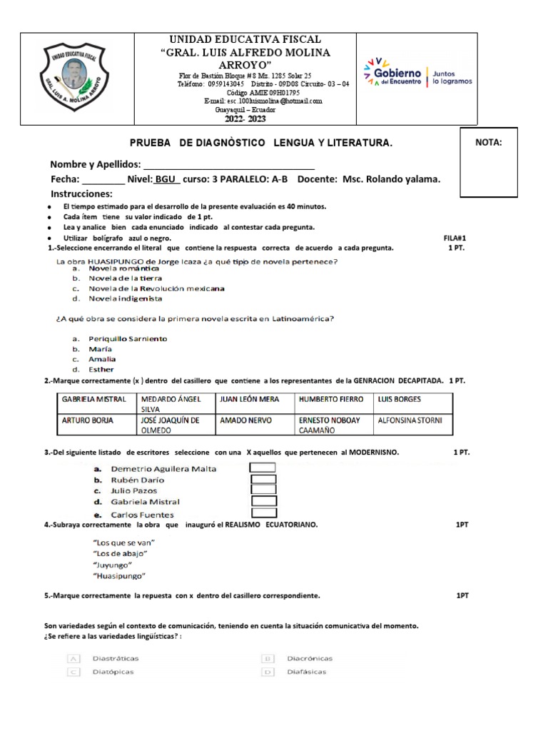 Prueba de Diagnòstico Lengua y Literatura 3 Bgu A-B | PDF