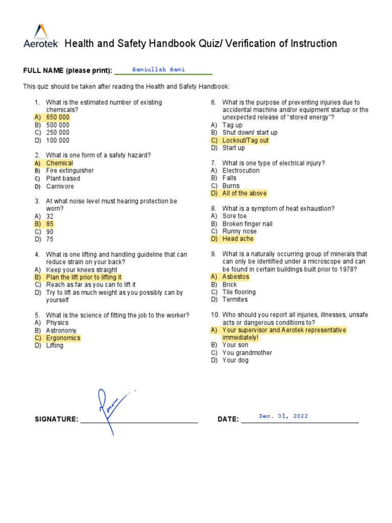 Health and Safety Handbook Quiz | PDF | Occupational Safety And Health ...
