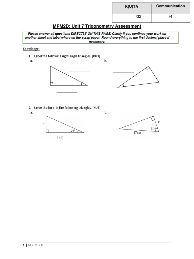 Unit 7 Trignometry Assessment | PDF | Trigonometry | Mathematics