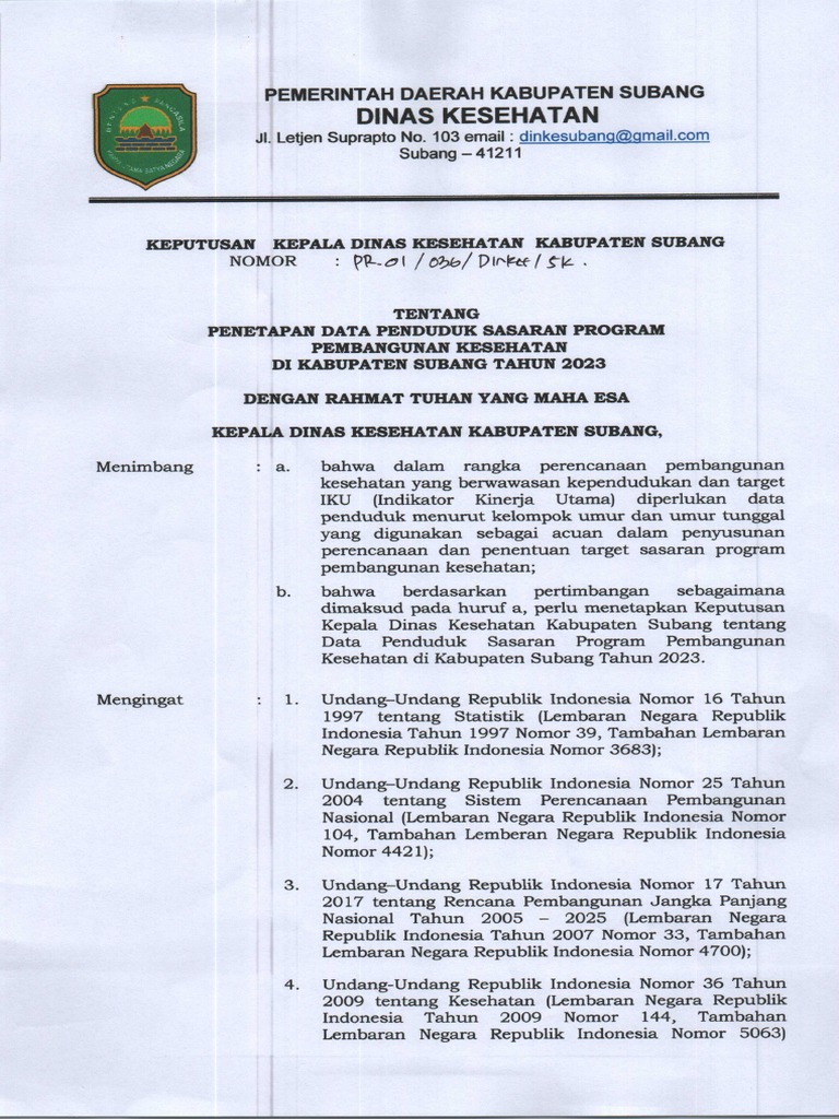 Surat Keputusan Penetapan Data Penduduk Sasaran Program | PDF