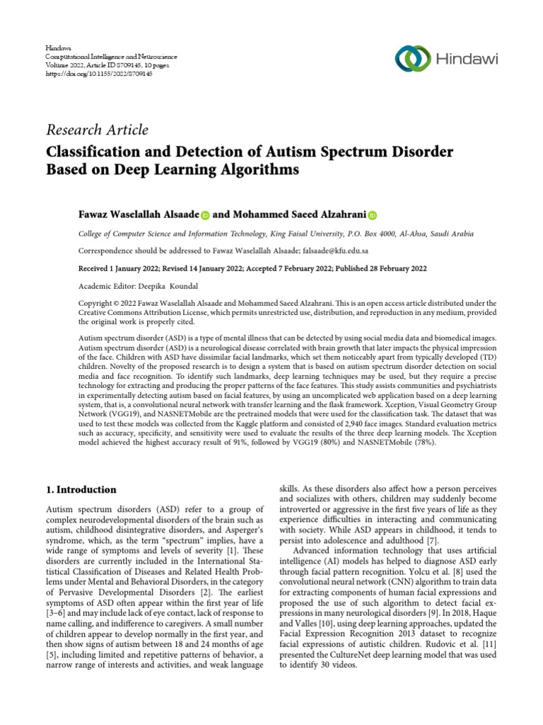 Research Article: Classification and Detection of Autism Spectrum Disorder Based On Deep ...
