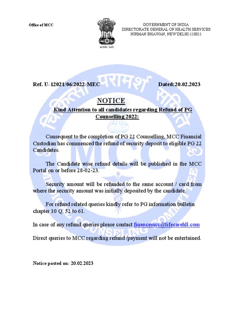 Notice For PG Refund 2022 | PDF