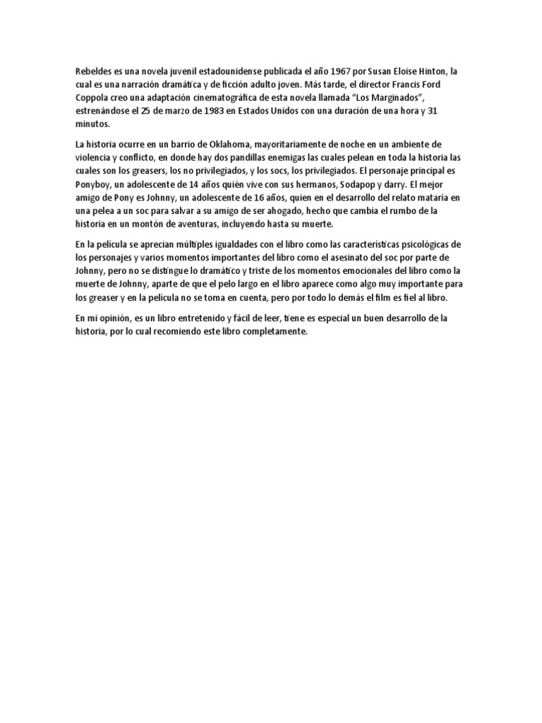 Rebeldes Es Una Novela Juvenil Estadounidense Publicada El Año 1967 Por ...