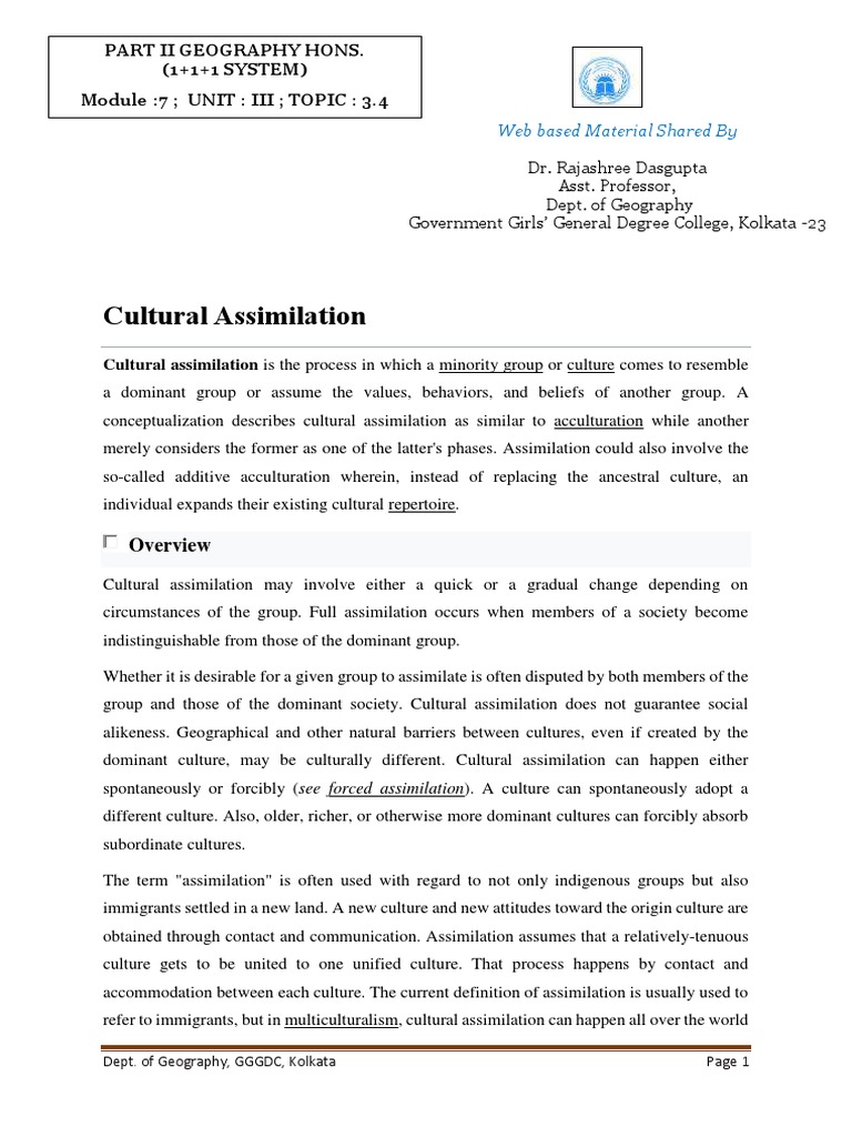 Part2 Hons Geog Module7 UnitIII TOPIC3-4 Cultural Assimilation | PDF | Cultural Assimilation
