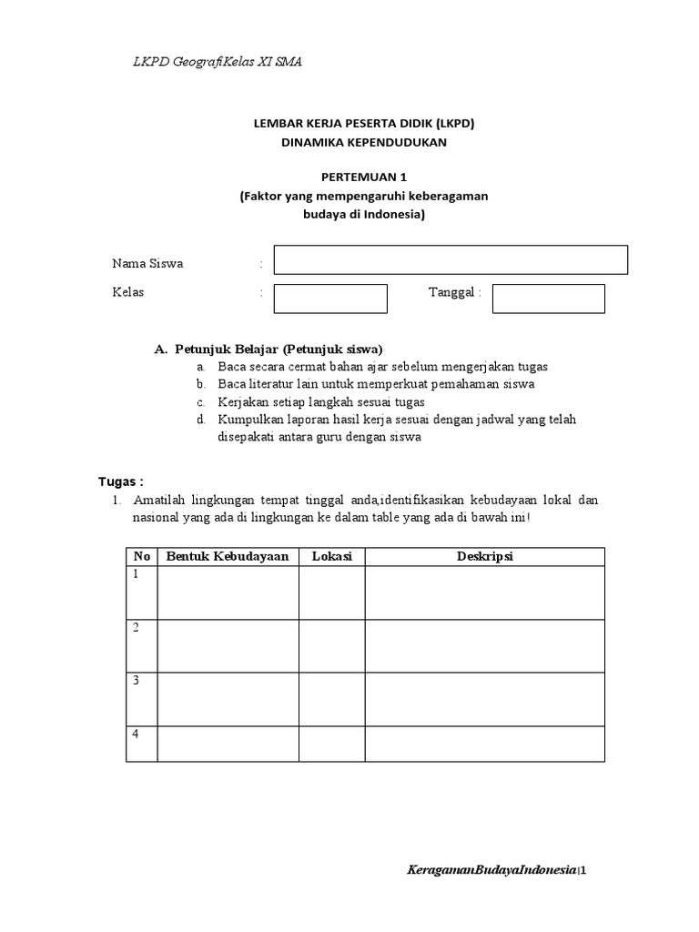 TUGAS 1 (LKPD Faktor Yang Mempengaruhi Keberagaman Budaya Di Indonesia) | PDF