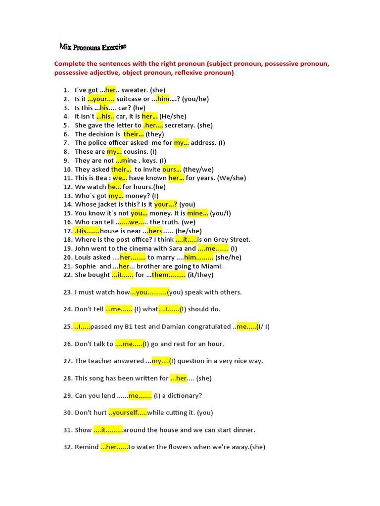 Mixed Pronoun Exercise Worksheet | PDF | Pronoun
