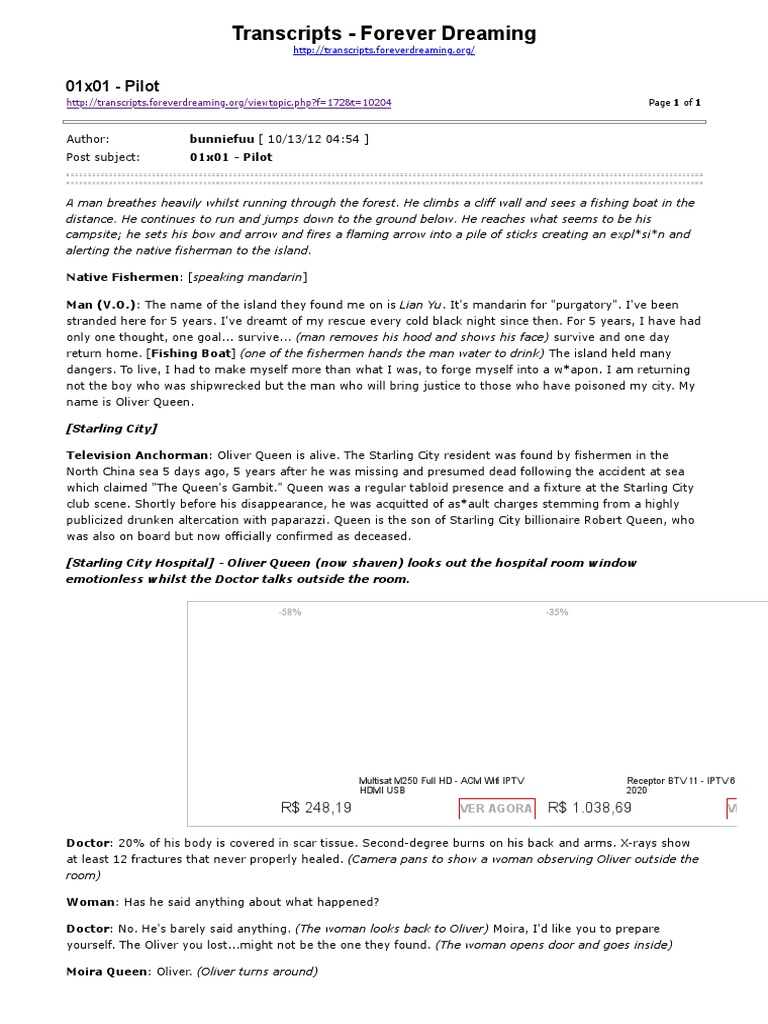 Transcripts - Forever Dreaming __ 01x01 - Pilot - Arrow | PDF