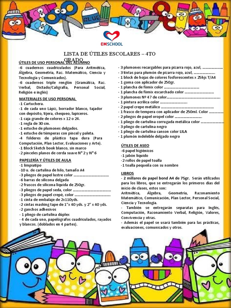 Lista de Útiles Escolares - 4to Grado | PDF