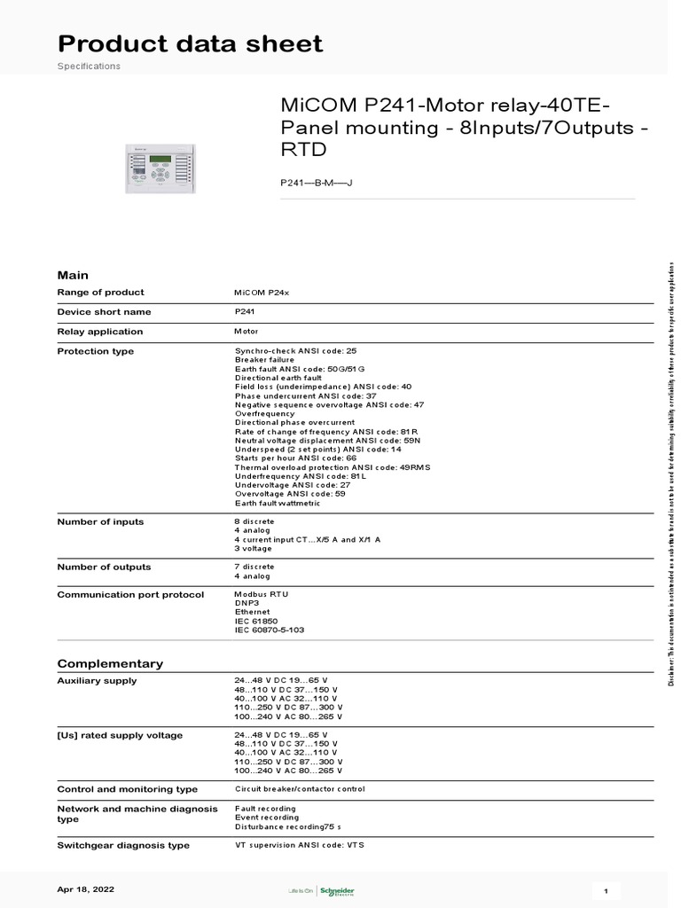 MiCOM P241 Motor Relay Data Sheet | PDF | Power Supply | Electrical ...