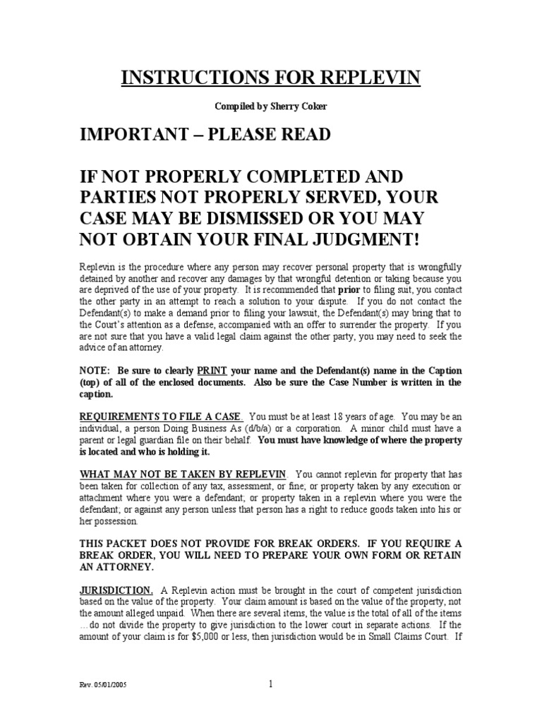 Replevin | PDF | Lawsuit | Complaint