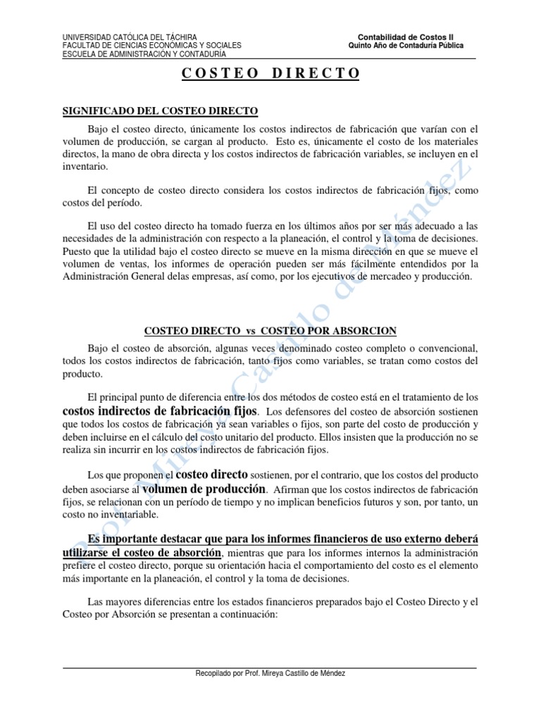 Teoría Costeo Directo | PDF | Costo | Contabilidad
