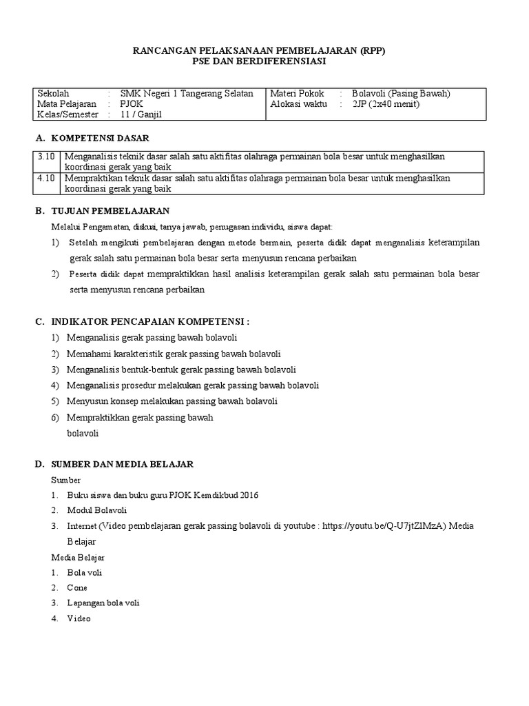 11 - RPP - BOLAVOLI - PJOK - Berdiferensiasi Dan KSE | PDF