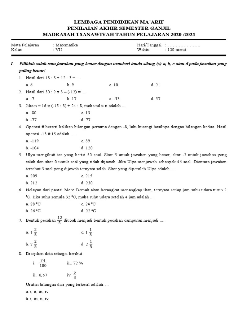 SOAL PAS MATEMATIKA KELAS 7 GANJIL 2020-2021 | PDF