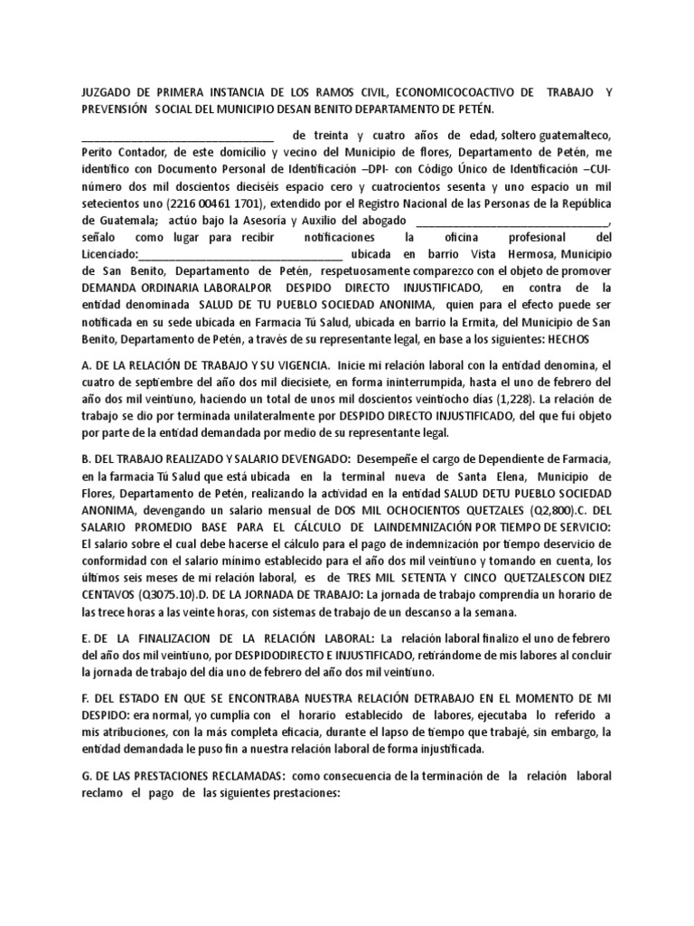 Demanda Laboral de Juicio Ordinario de Despido Directo e Injustificado ...