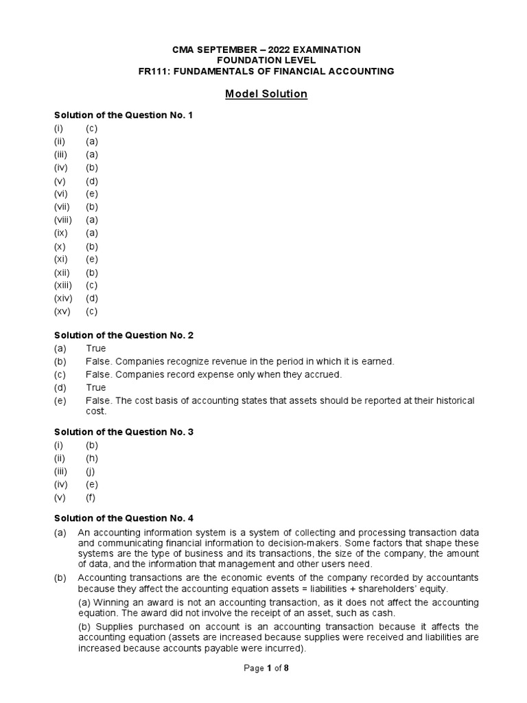 FR111.FFA F.L Solution CMA September 2022 Exam PDF | PDF | Book Value | Debits And Credits