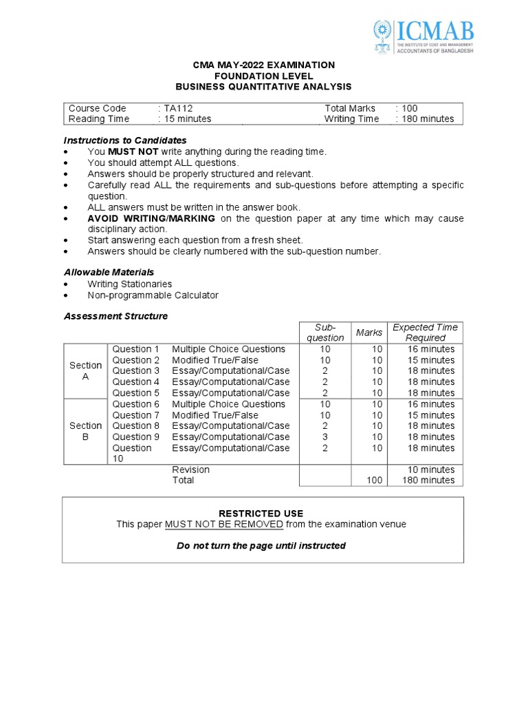TA112.BQAF - .L Question CMA May 2022 Examination | PDF | Internal Rate ...