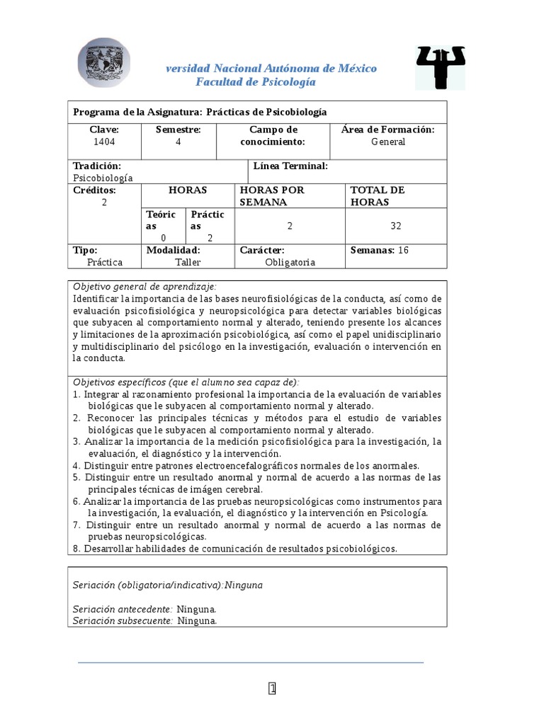Programa Practicas Psicobiologia 4 Sem P-08 2010 | PDF | Evaluación | Sicología