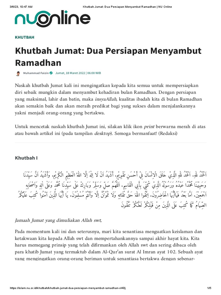 Khutbah Jumat - Dua Persiapan Menyambut Ramadhan - NU Online | PDF | Agama & Spiritualitas
