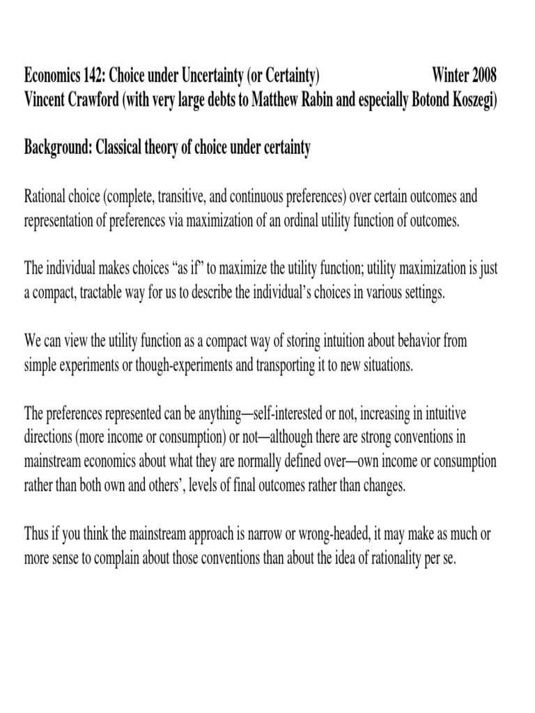 Classical Theory of Choice Under Uncertainity | PDF | Risk Aversion ...