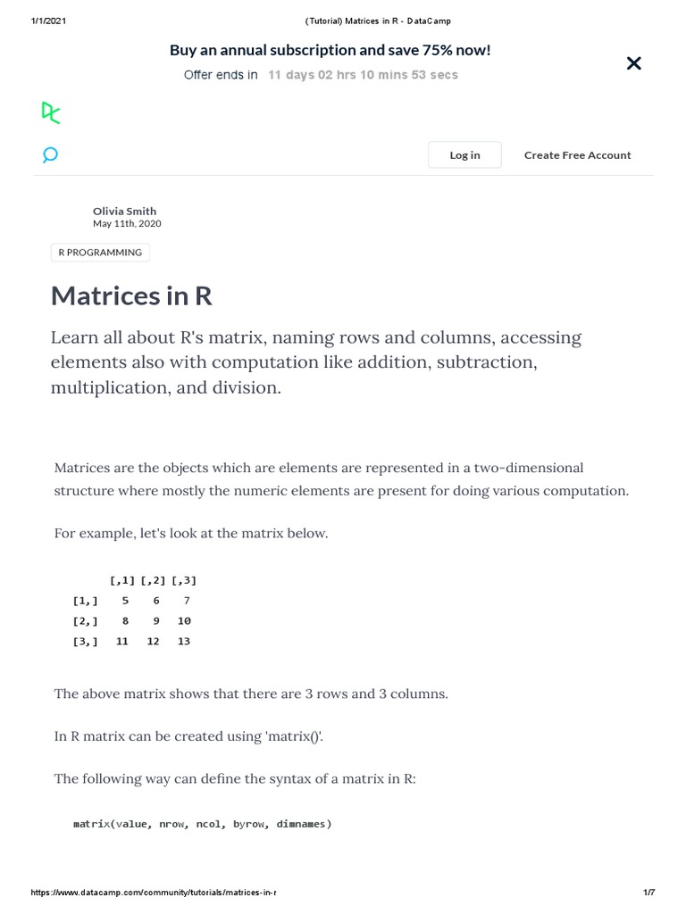 (Tutorial) Matrices in R - DataCamp | PDF | Matrix (Mathematics ... (Tutorial) Matrices in R - DataCamp | PDF | Matrix (Mathematics ...