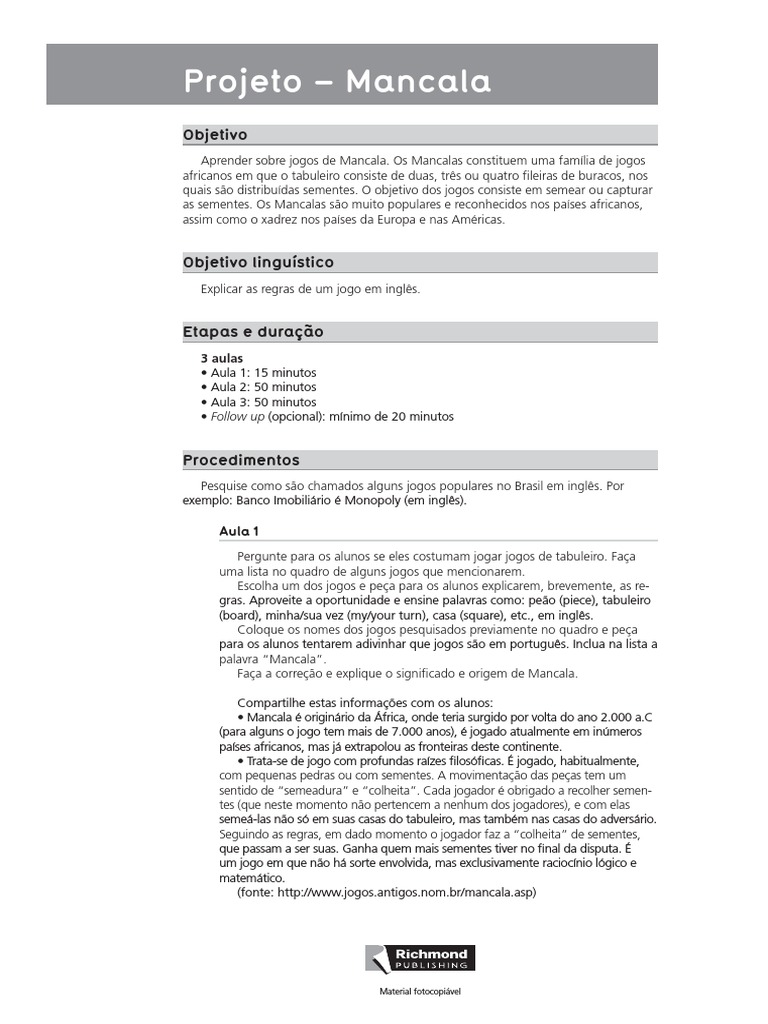 Projeto Mancala Objetivo Objetivo Linguistico Etapas e Duraao Procedimentos Aula 1 - Compress ...