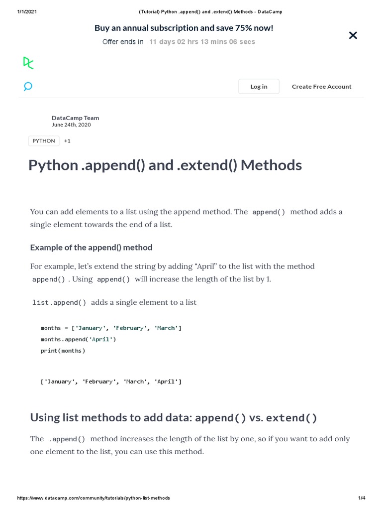 Tutorial Python Append And Extend Methods Datacamp Pdf Python Programming Language 7515