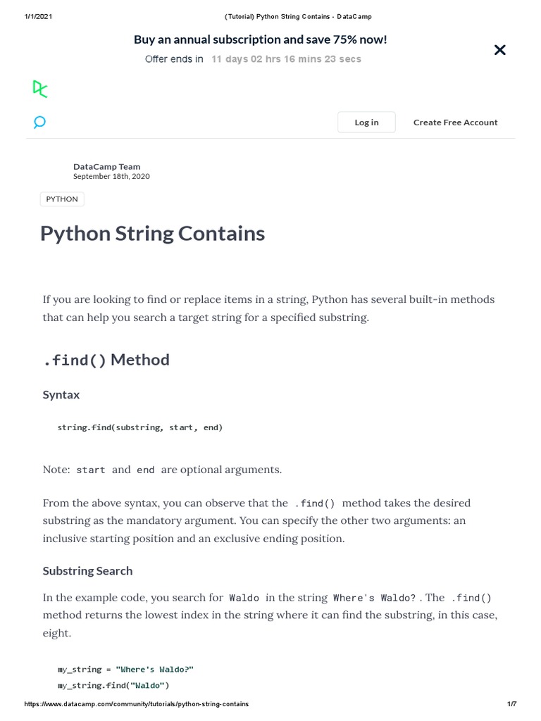 Tutorial Python String Contains Datacamp Pdf String Computer Science Python