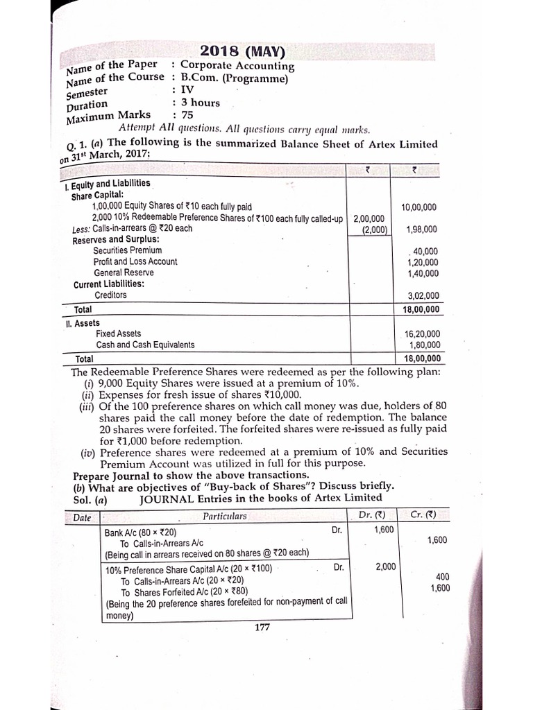 Delhi University - Corporate Accounting 2018 Question Paper (Solved) | PDF