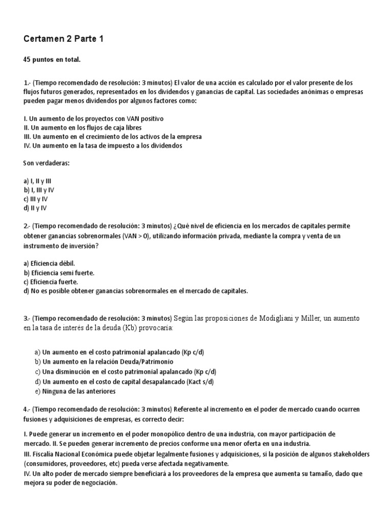 Certamen | PDF | Compartir (Finanzas) | Flujo de caja descontado