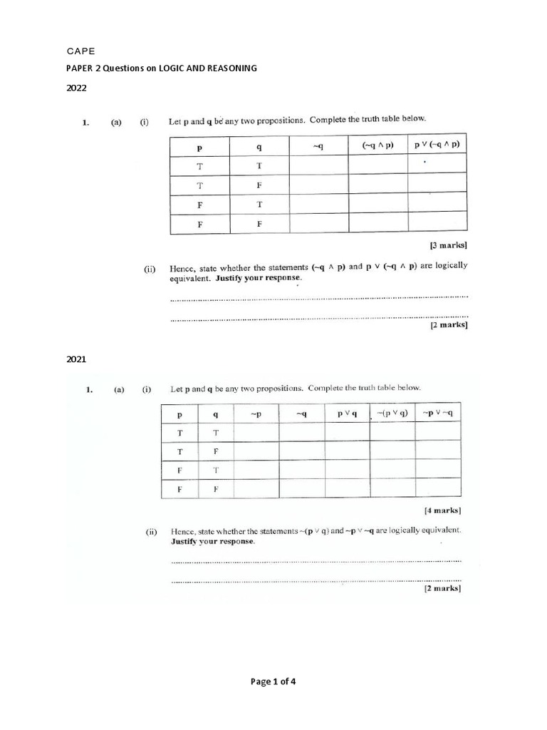 CAPE Compilations Logic Reasoning Questions Unit 1 | PDF