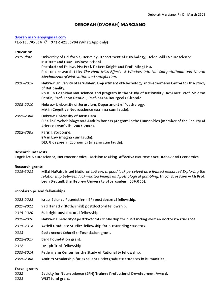 CV Deborah Marciano March 2023 | PDF | Neuroscience | Decision Making