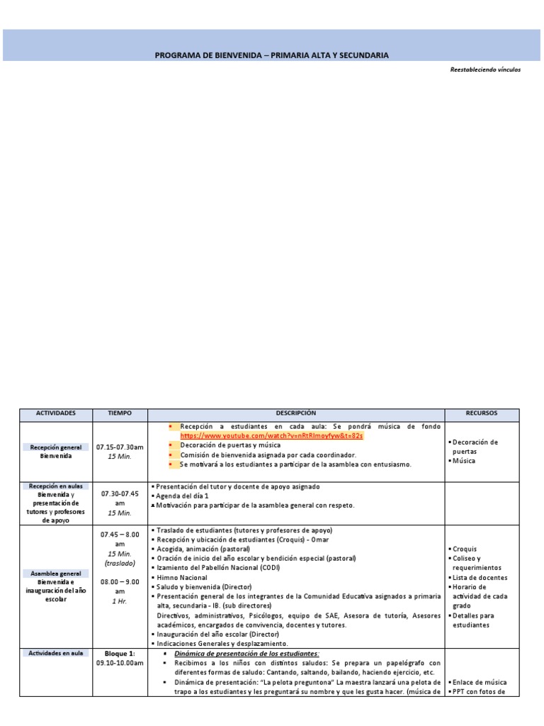 Programa de Bienvenida Escolar 2023 | PDF
