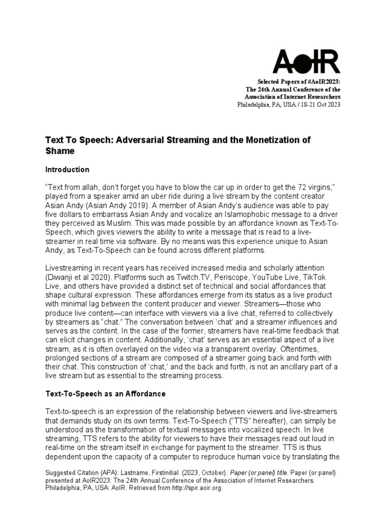 AOIR Text To Speech | Download Free PDF | Speech Synthesis | Communication