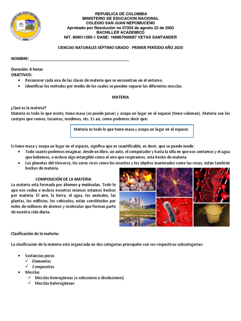 7.1. Guía taller - MATERIA, CLASES DE MATERIA - Séptimo Grado - PRIMER ...