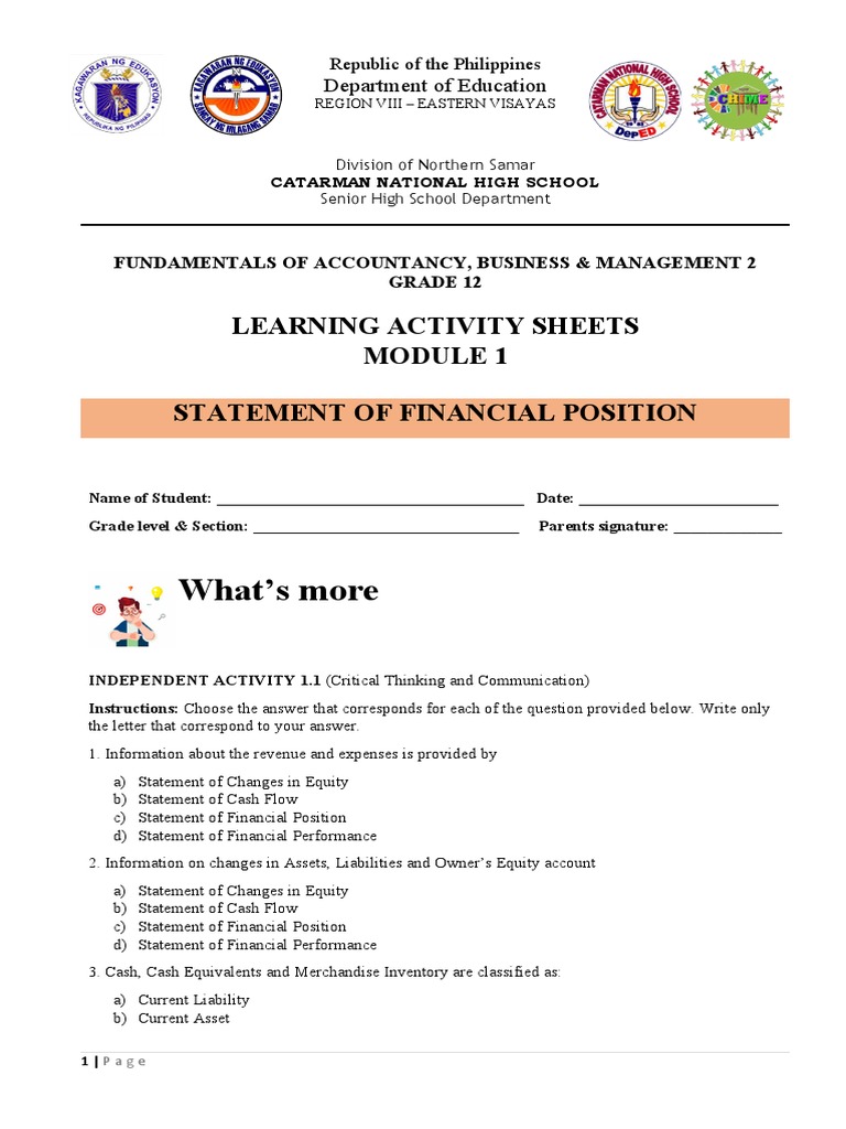Fabm2 Learning-Activity-1 | PDF | Debits And Credits | Balance Sheet
