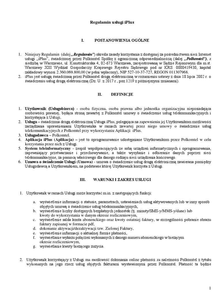 Regulamin Korzystania Z Aplikacji Iplus | PDF