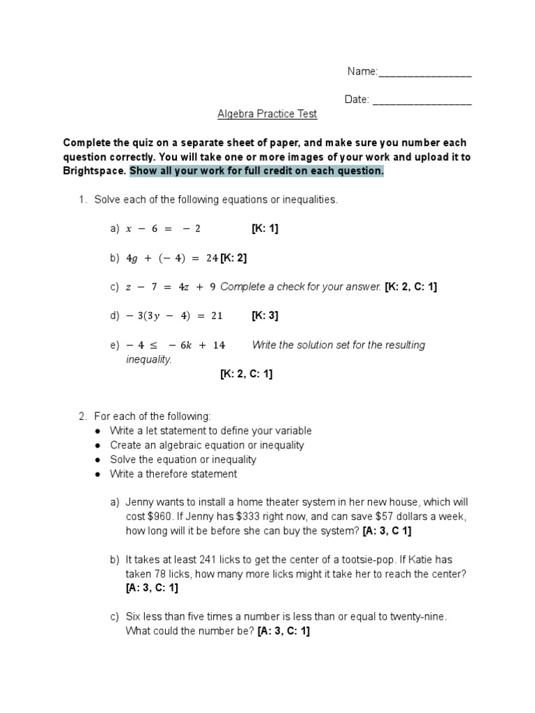 Algebra Unit Test | PDF