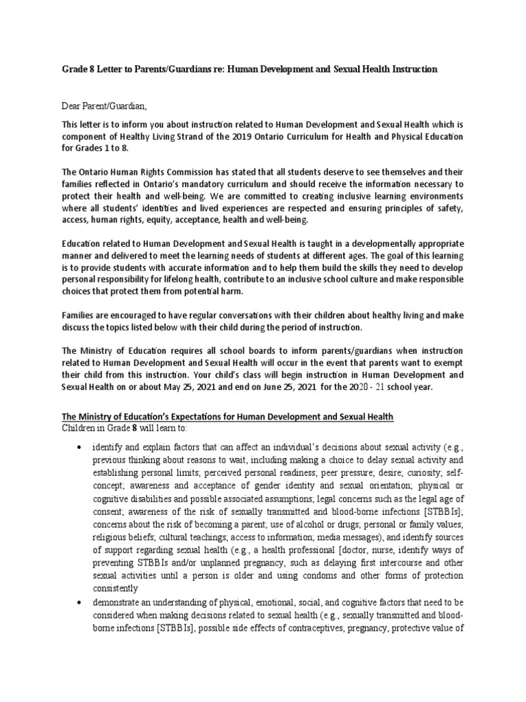 Grade 8 Letter To Parents | PDF | Human Sexual Activity | Developmental ...