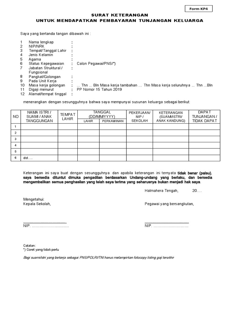 Format KP4 Untuk Keterangan Tunjangan Keluarga Versi Aplikasi BagiPedia