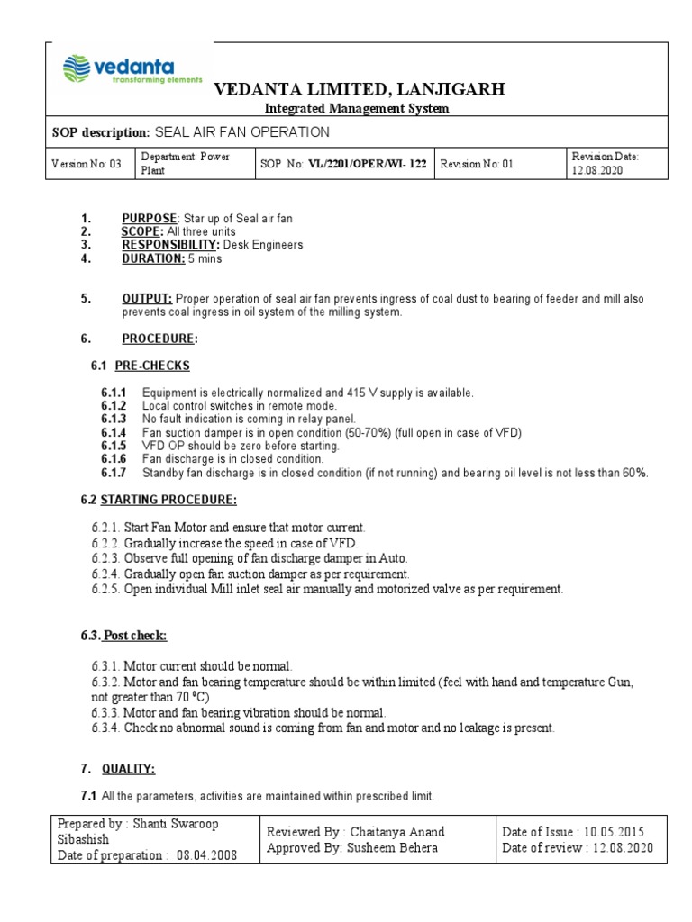 Seal Air Fan Operation SOP | PDF | Electrical Engineering | Equipment