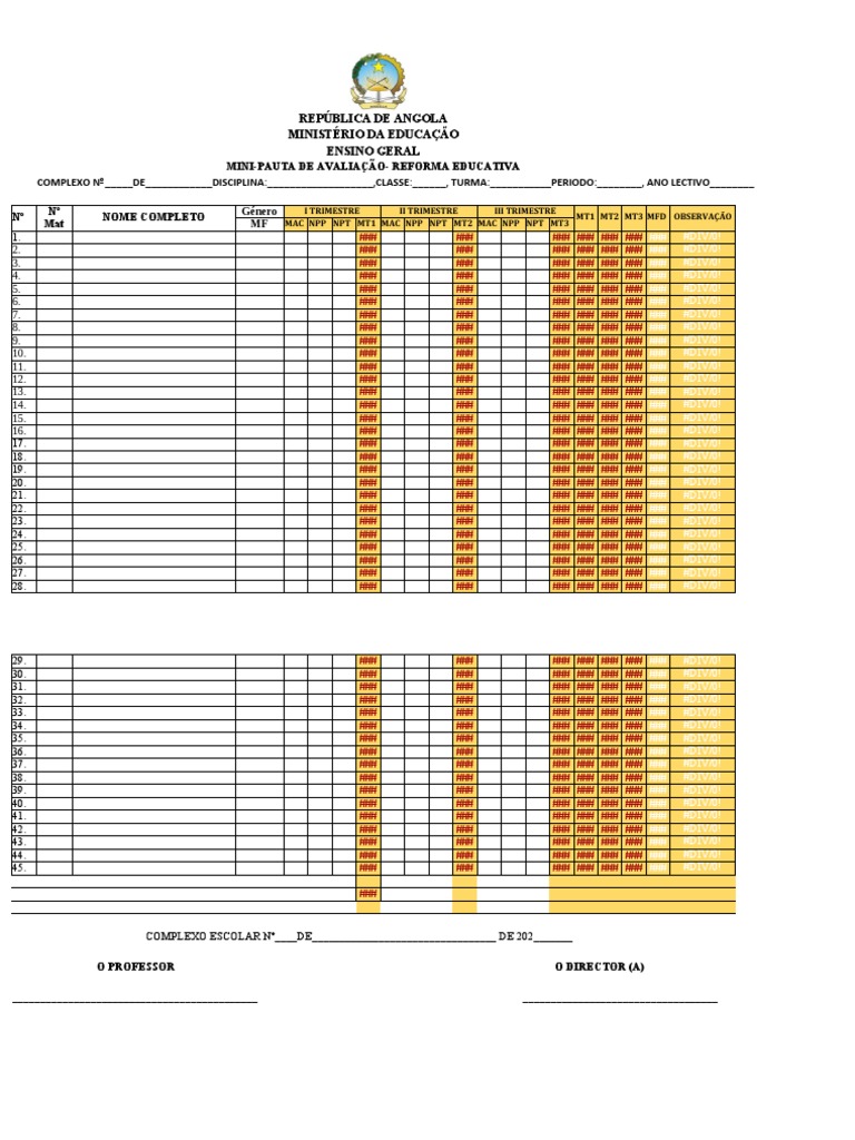 Modelo de Mini - Pauta I e Ii Ciclo - Angola | PDF