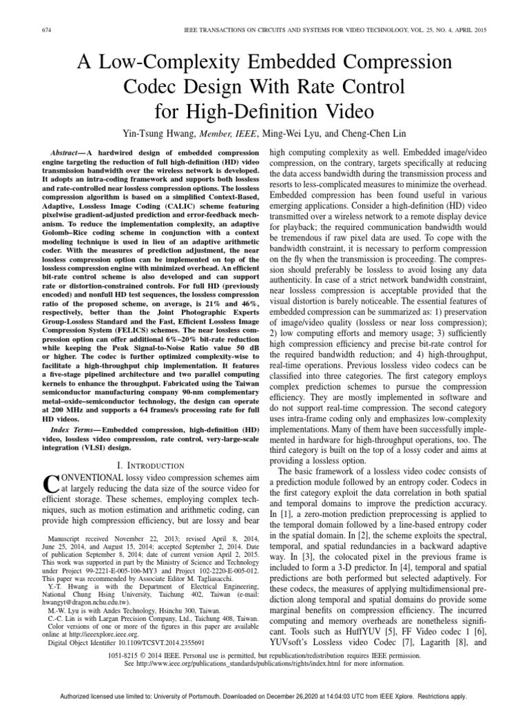 A Low Complexity Embedded Compression Codec Design With Rate Control For High Definition Video