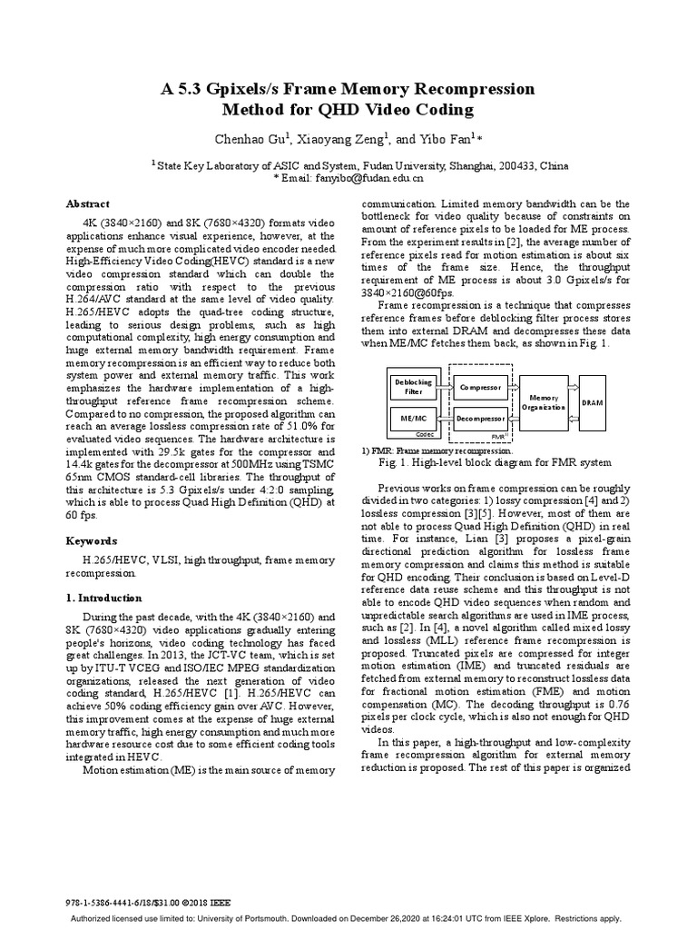 A 53 Gpixels Frame Memory Recompression Method For Qhd Video Coding Pdf Data Compression