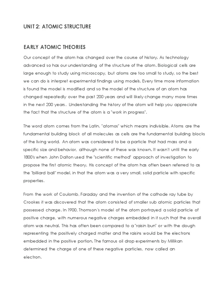 VSS Lesson 1 Early Atomic Theories Chemistry 12 | PDF | Electron ...