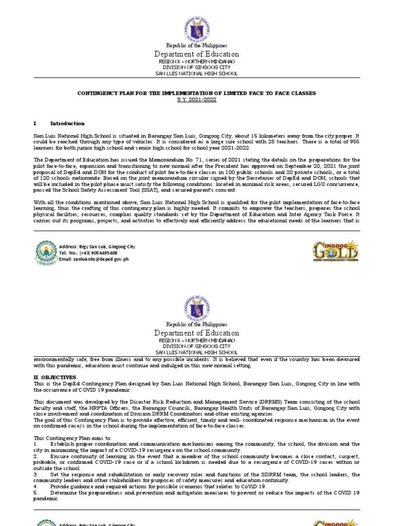 Limited F2F Contingency Plan - SanLuisNHS | PDF | Emergency Management | Public Health